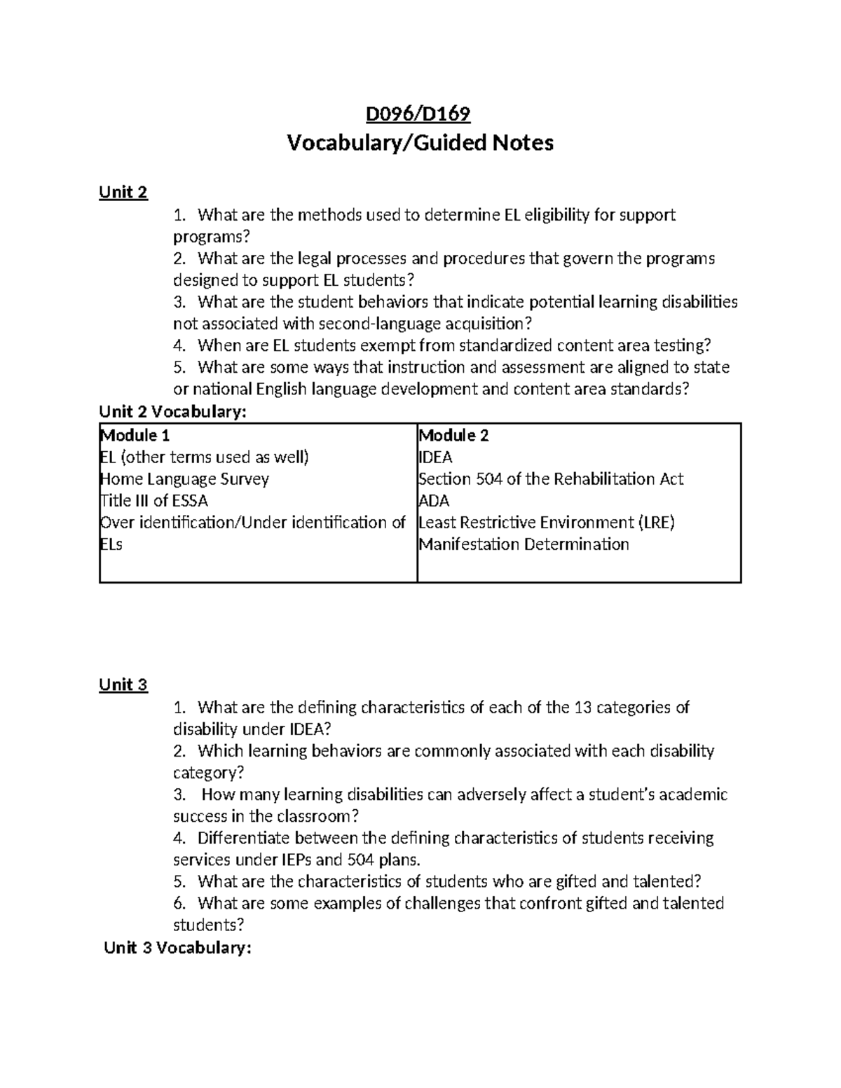 D096/D Vocabulary Guided Notes: Units 2 to 7 Overview - Studocu