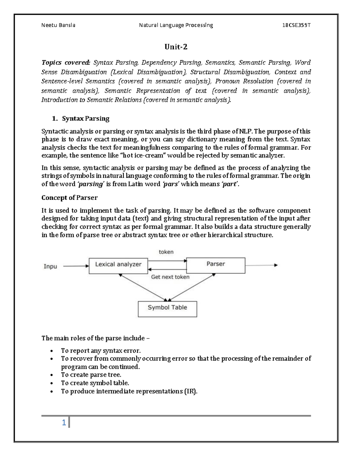 NLP Unit 2 notes - unit 2 detailed - Unit- 2 Topics covered: Syntax ...