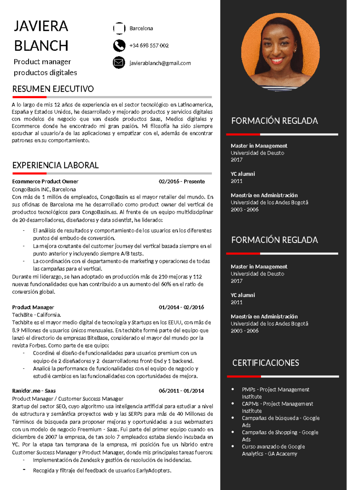 Plantilla curriculum1 - JAVIERA BLANCH Barcelona +34 698 557 002 Product manager javierablanch ...