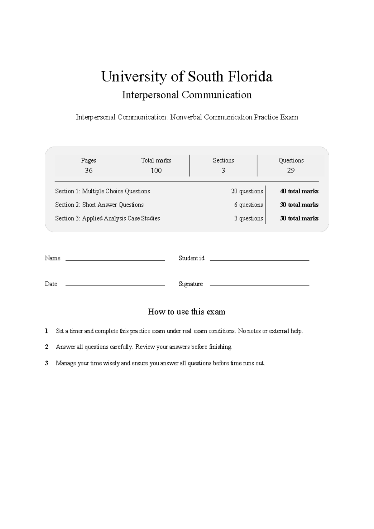 SPC6391 Interpersonal Communication USF Nonverbal Comm Practice Exam ...