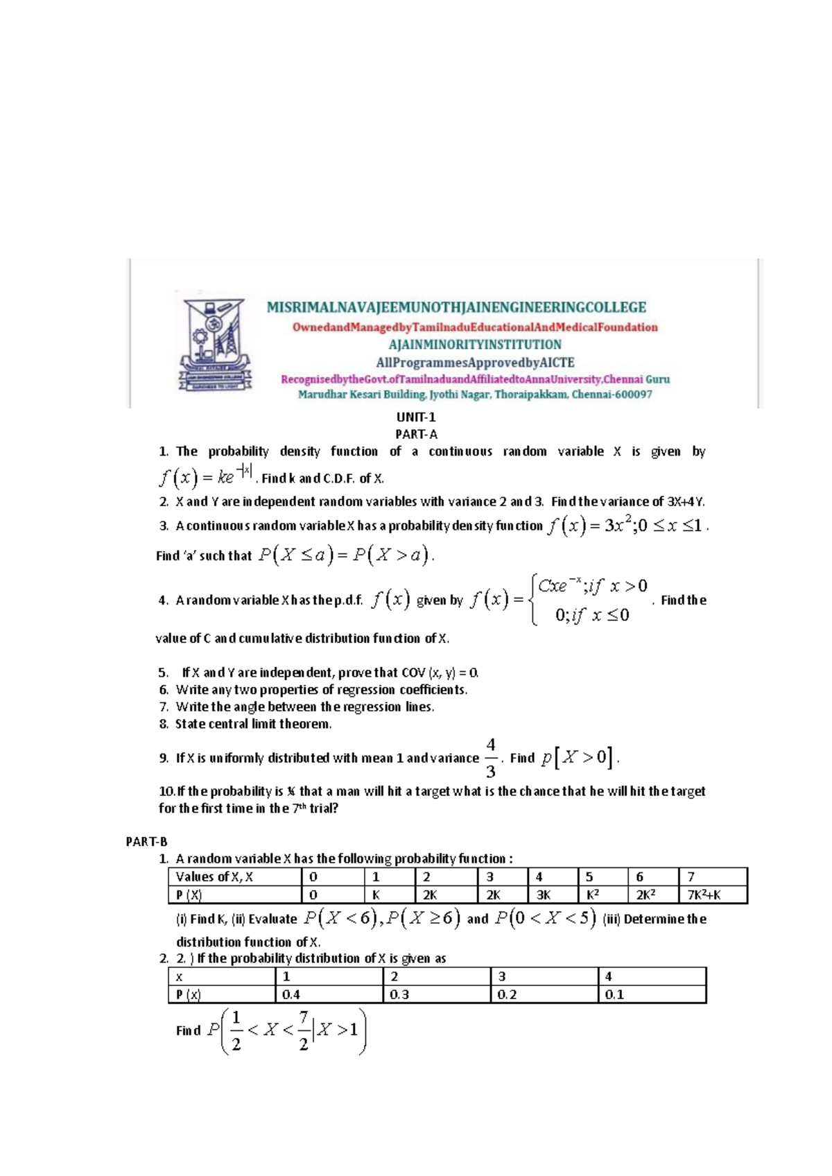 Model Question BANK 2026: Probability and Statistics Concepts - Studocu