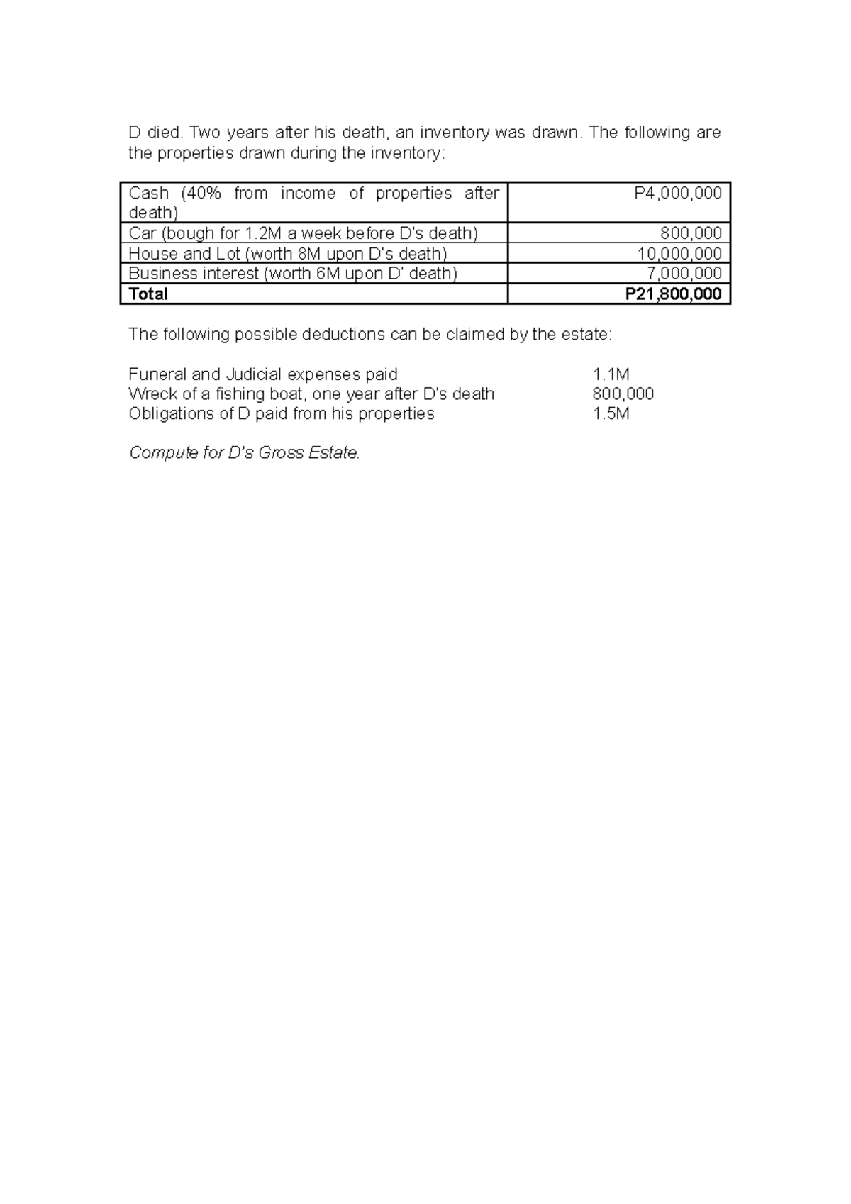Estate Taxation Assignment: Gross Estate Calculation for D's Estate ...
