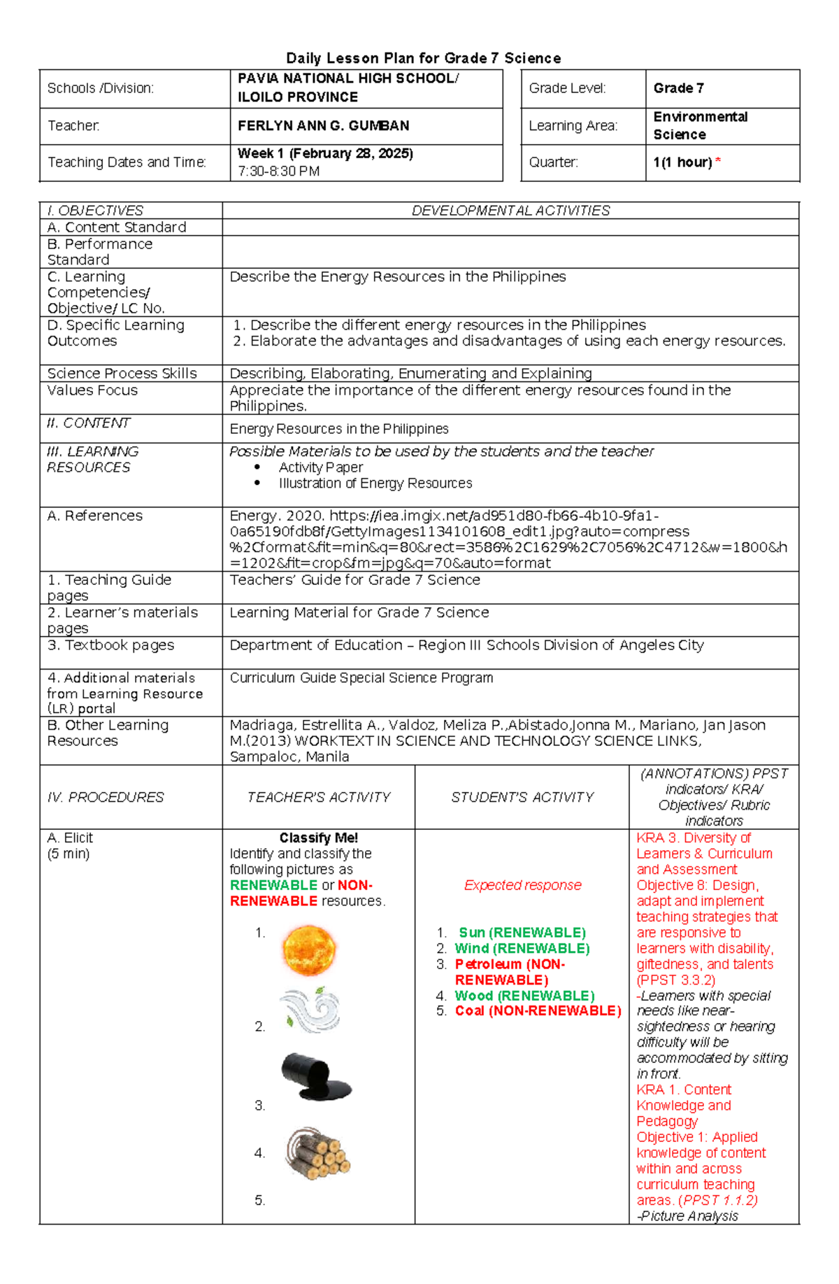CO4 Daily Lesson Plan: Energy Resources for Grade 7 Science - Studocu