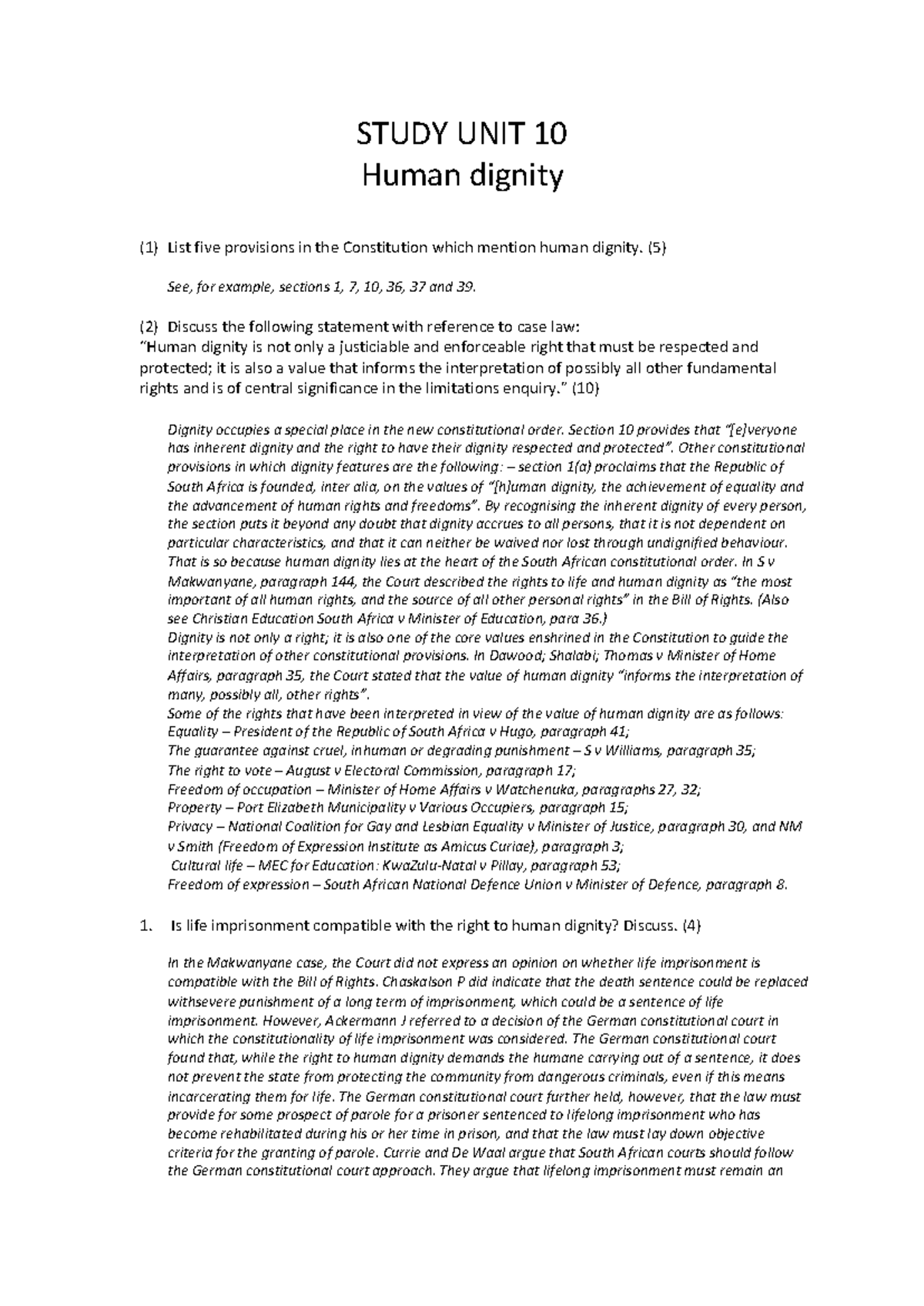 Study UNIT 10 1Human dignity - STUDY UNIT 10 1 Human dignity (1) List ...