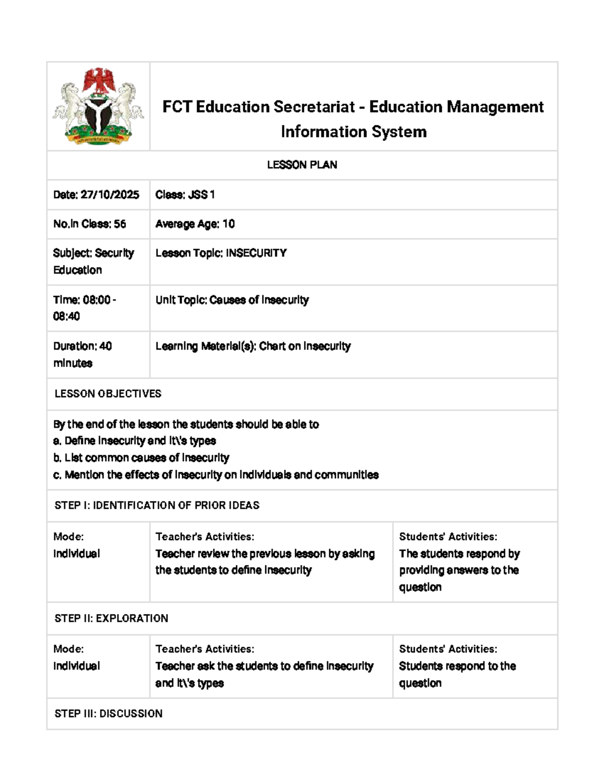 FCT Education Secretariat JSS 1 Security Lesson Plan on Insecurity ...