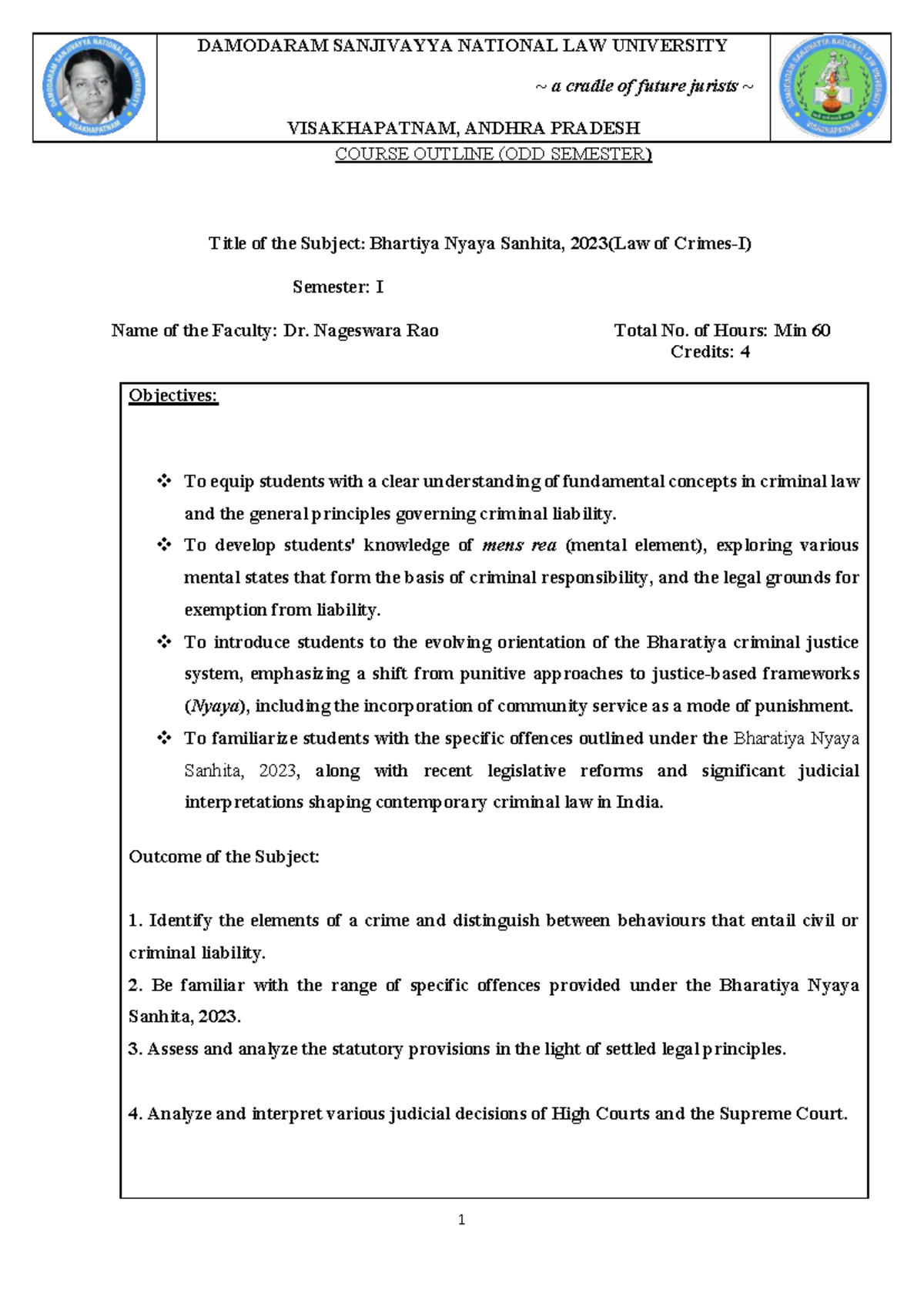 BNS 2023 Course Module Outline for LLB - ODD SEMESTER - Studocu