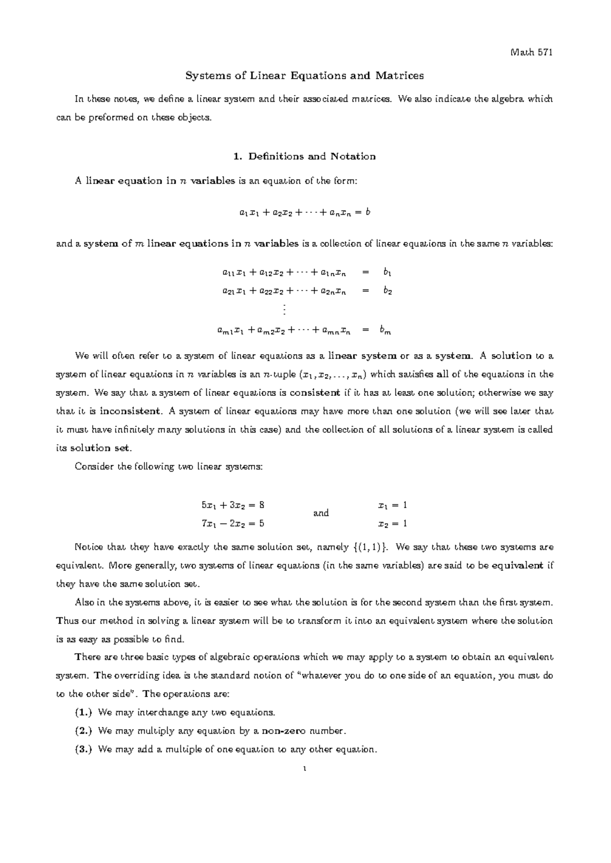 Summary Linear Algebra with Applications - 7th edition - ch.1, 2.2, 5 - Math 571 Systems of ...