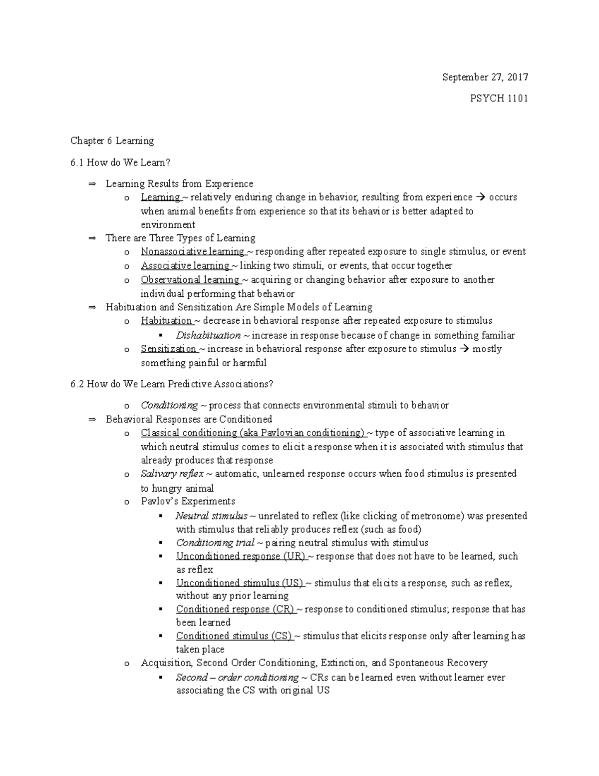 Chapter 6 - Learning - Psychology - September 27, 2017 PSYCH 1101 ...