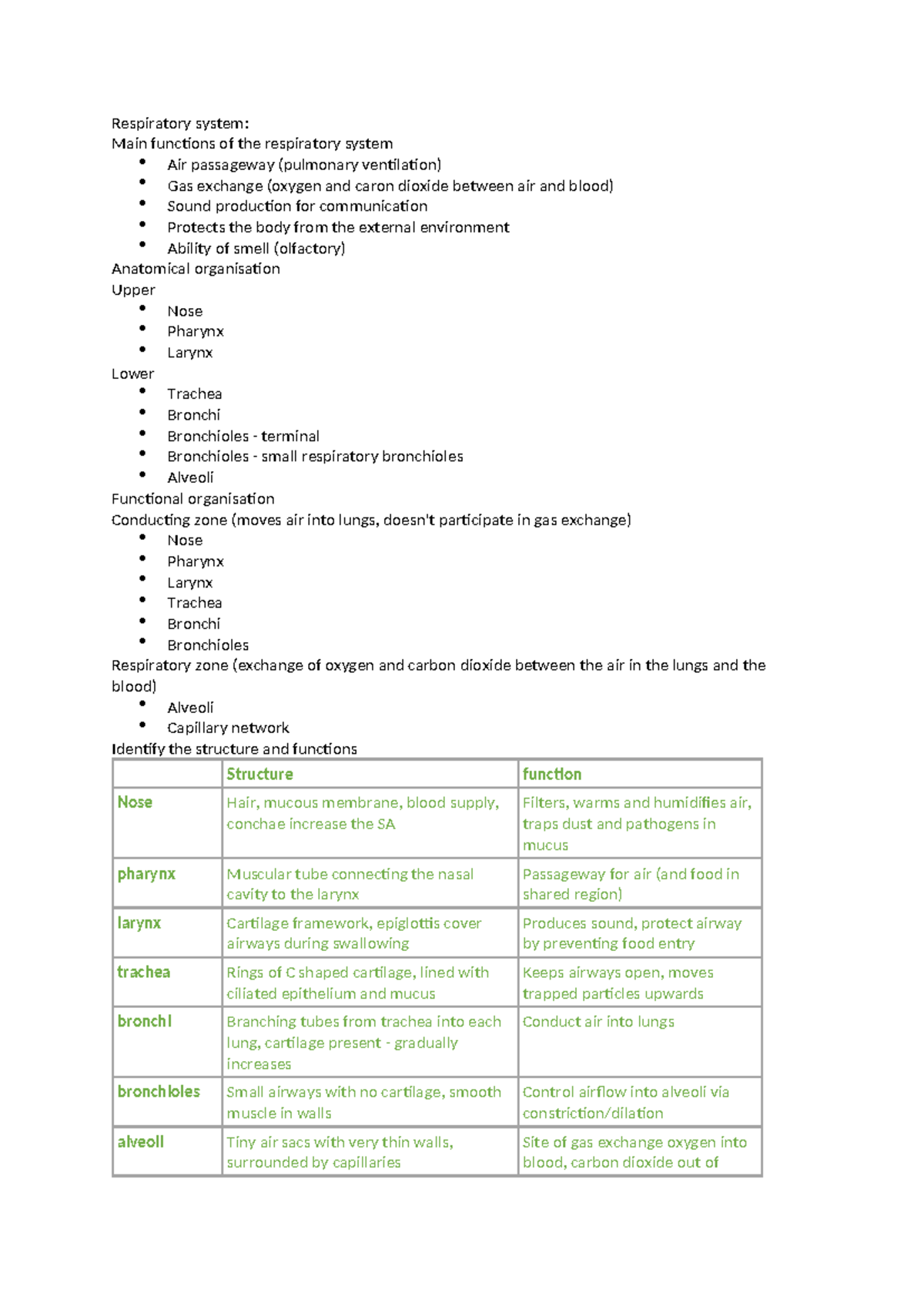 Respiratory System Notes: Functions, Structures, and Mechanisms (BIO ...