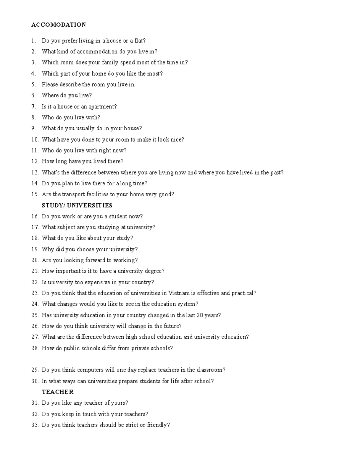 Speaking Questions for Accommodation (AV3) - Studocu
