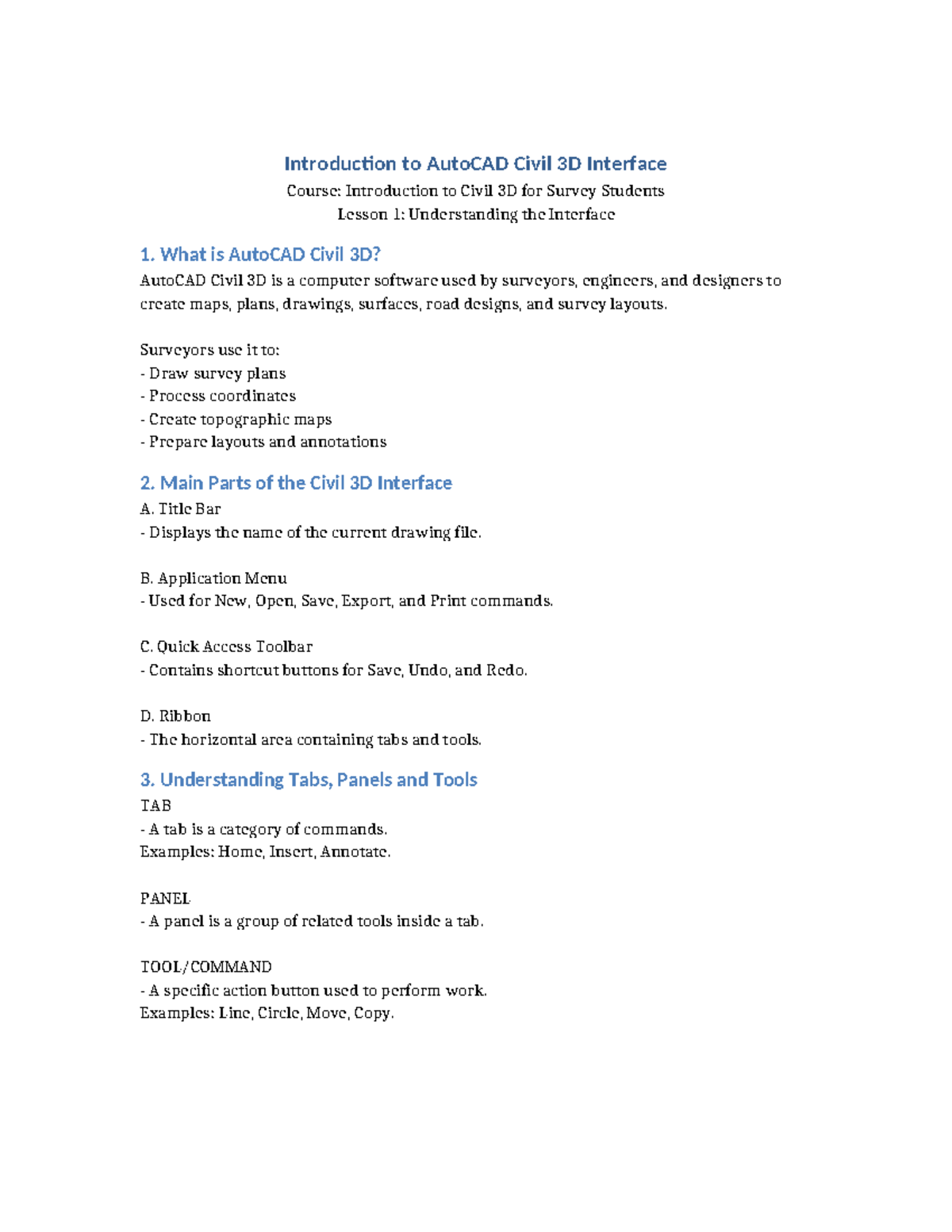AutoCAD Civil 3D Interface: Beginner's Guide for Survey Students - Studocu