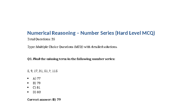 Numerical Reasoning Number Series (Hard Level MCQ) - 25 Questions - Studocu