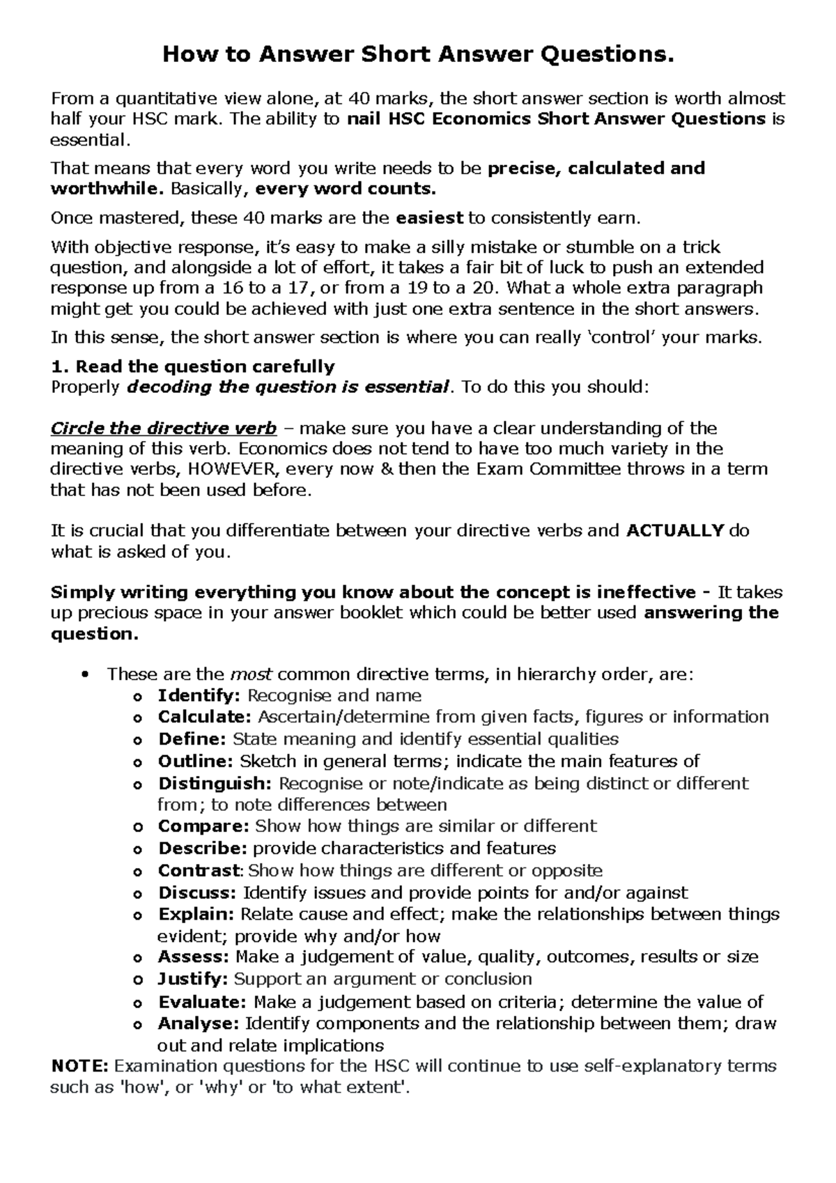 HSC Economics: Mastering Short Answer Questions Strategies - Studocu