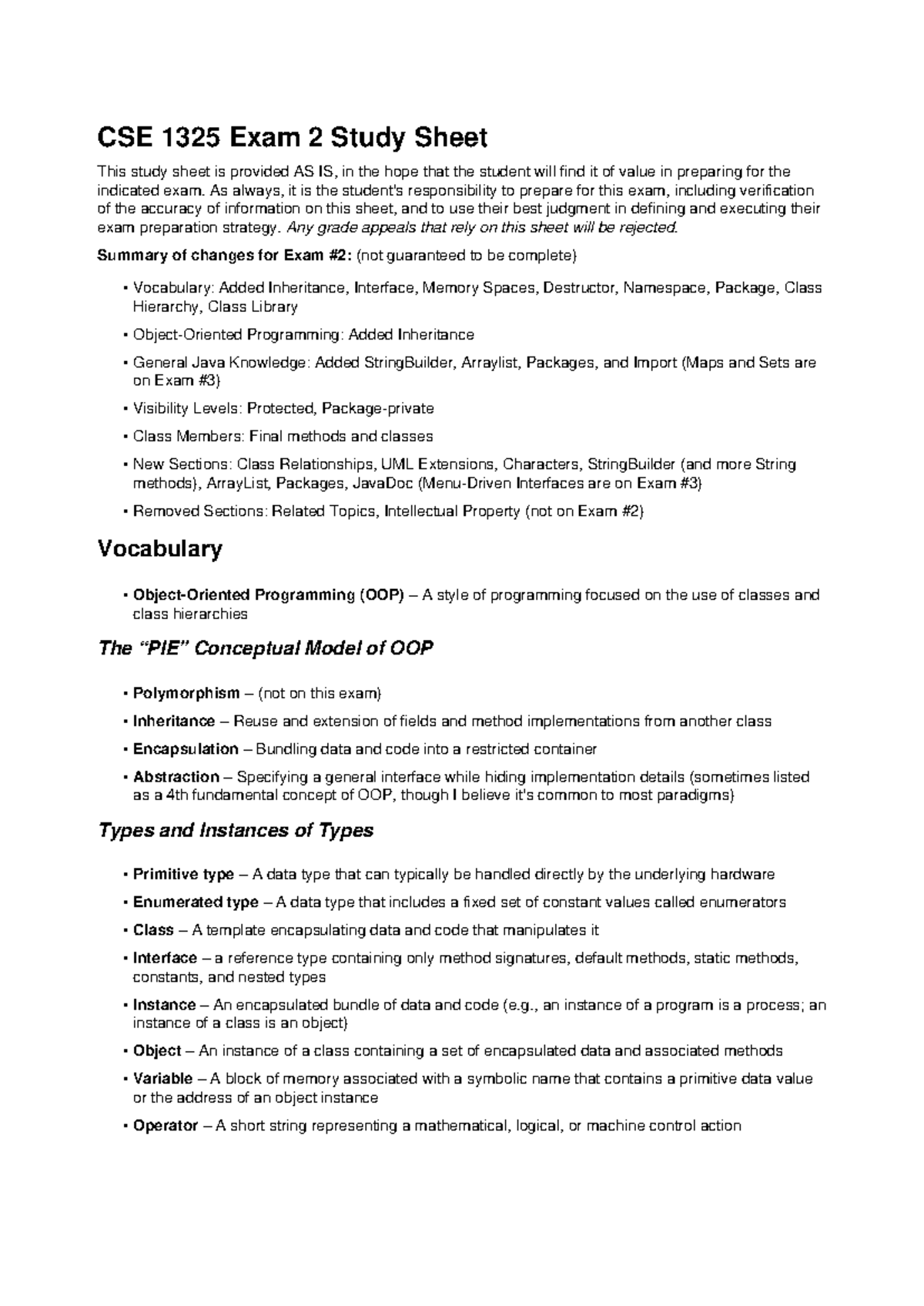 CSE 1325 Exam 2 Study Sheet: Key Concepts & Vocabulary Guide - Studocu