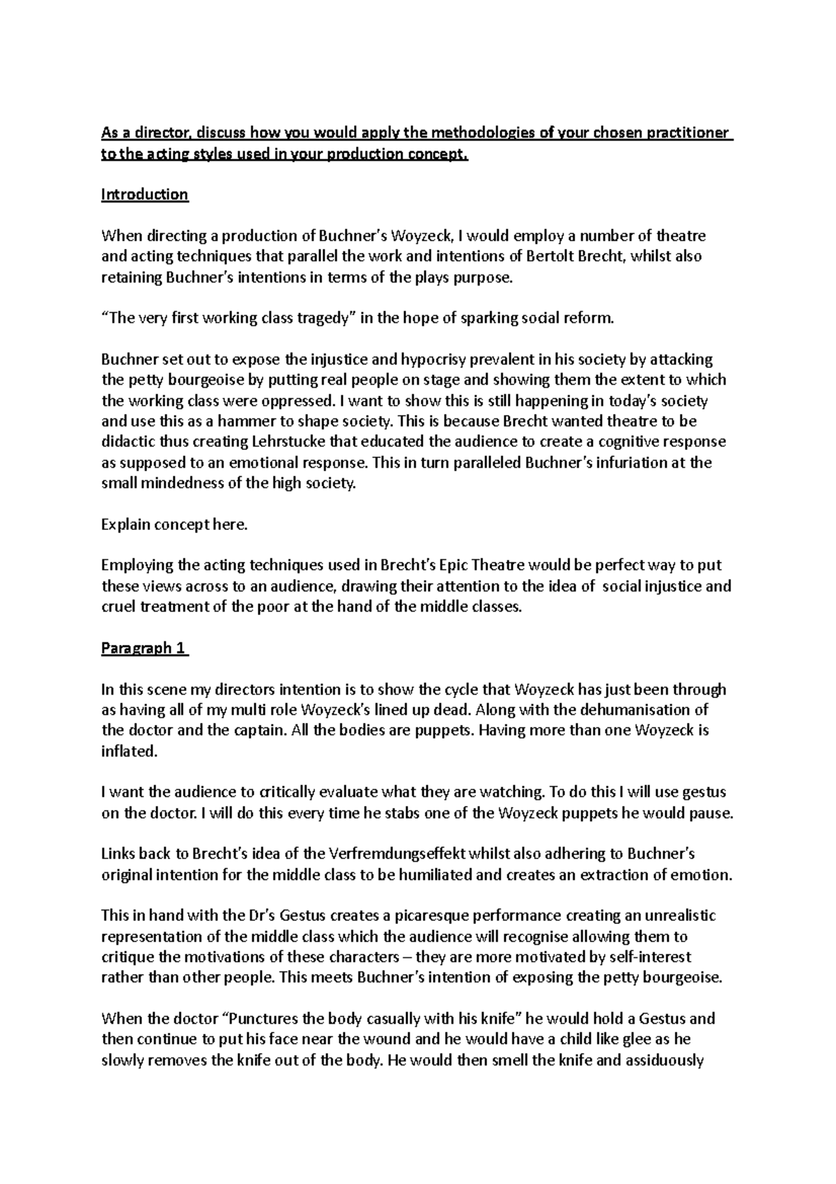 Woyzeck Directional Methodologies: A Brechtian Approach Plan - Studocu