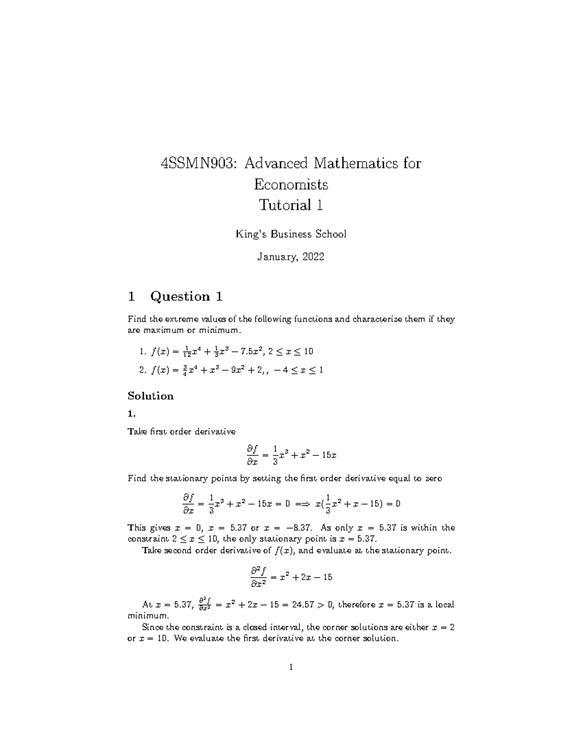 Tutorial 1 solutions - 4SSMN903: Advanced Mathematics for Economists ...