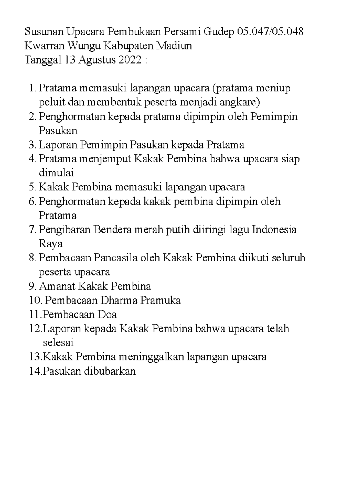 Susunan Upacara Pembukaan & Api Unggun Persami Gudep 05/05 - Studocu