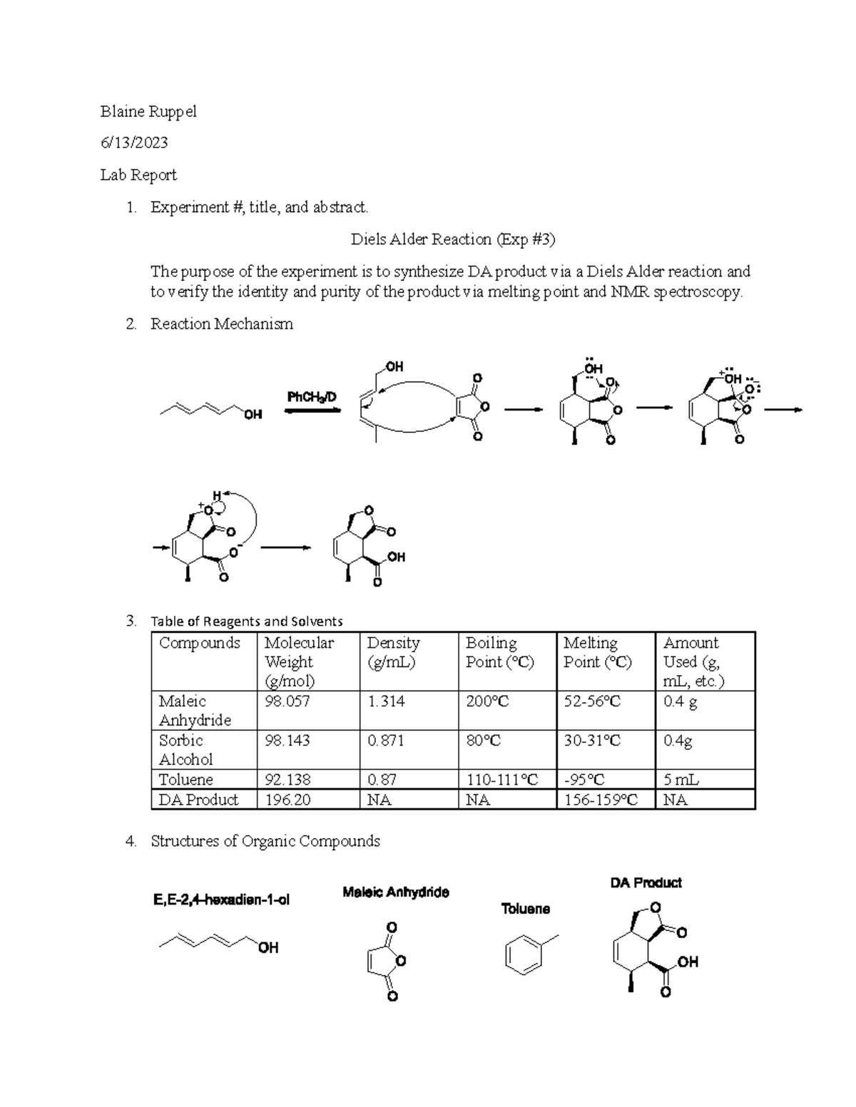 Diels-Alder Reaction Lab Report - Exp #3: Synthesis and Analysis - Studocu