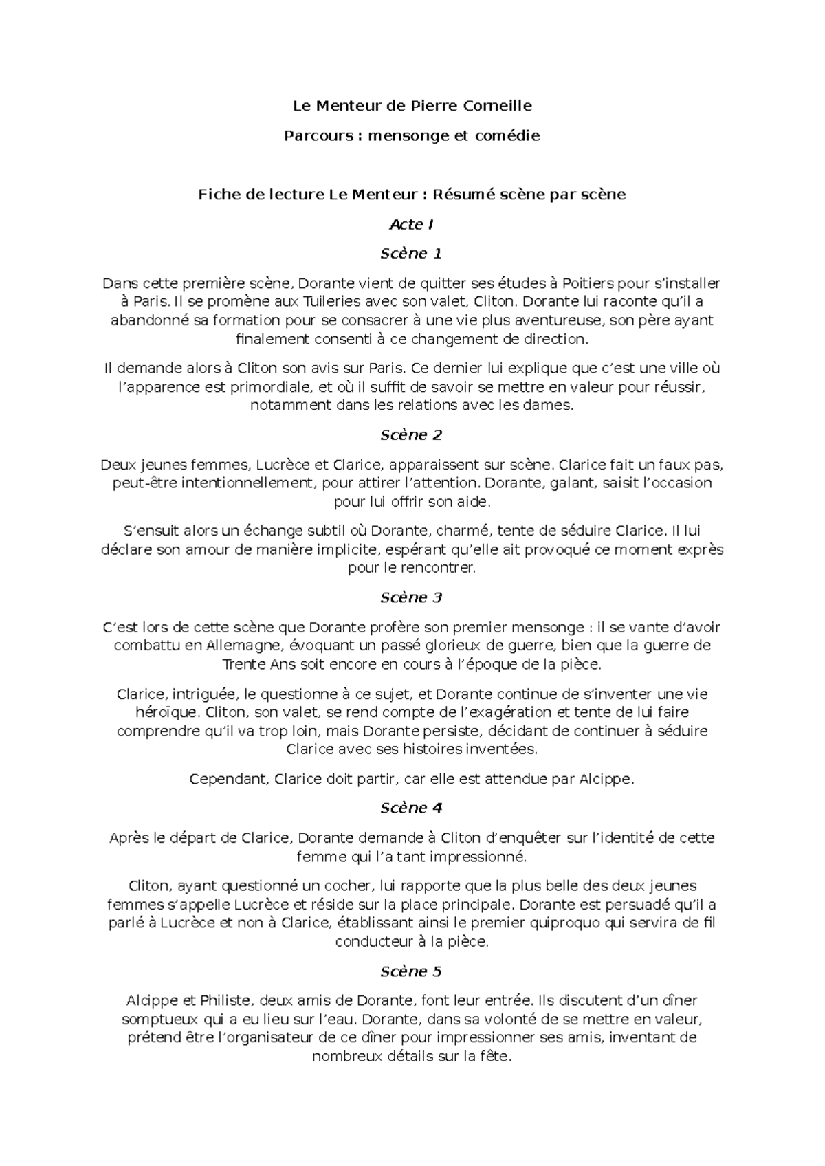 Fiche de lecture : Le Menteur de Pierre Corneille - Résumé et Thèmes - Studocu