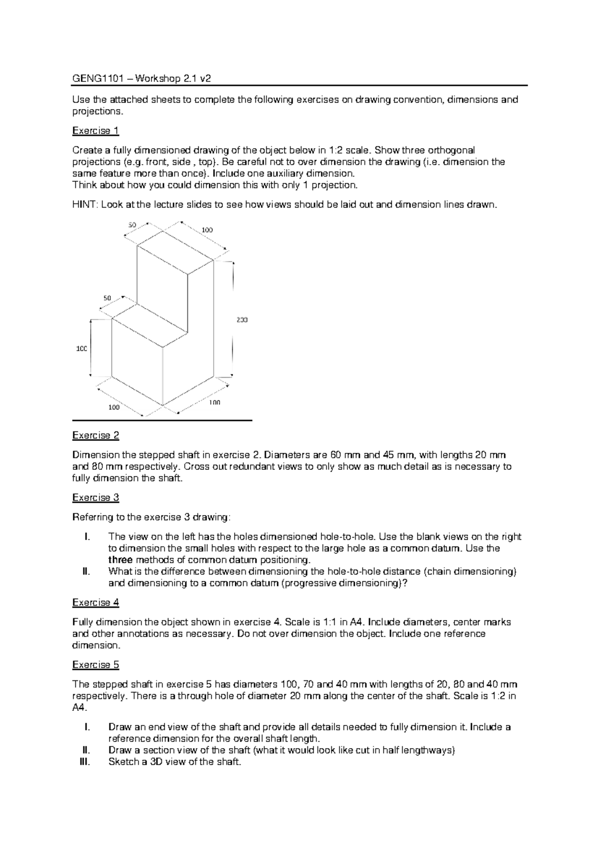 GENG1101 Workshop 2.1 Drawing Conventions & Dimensioning Exercises ...