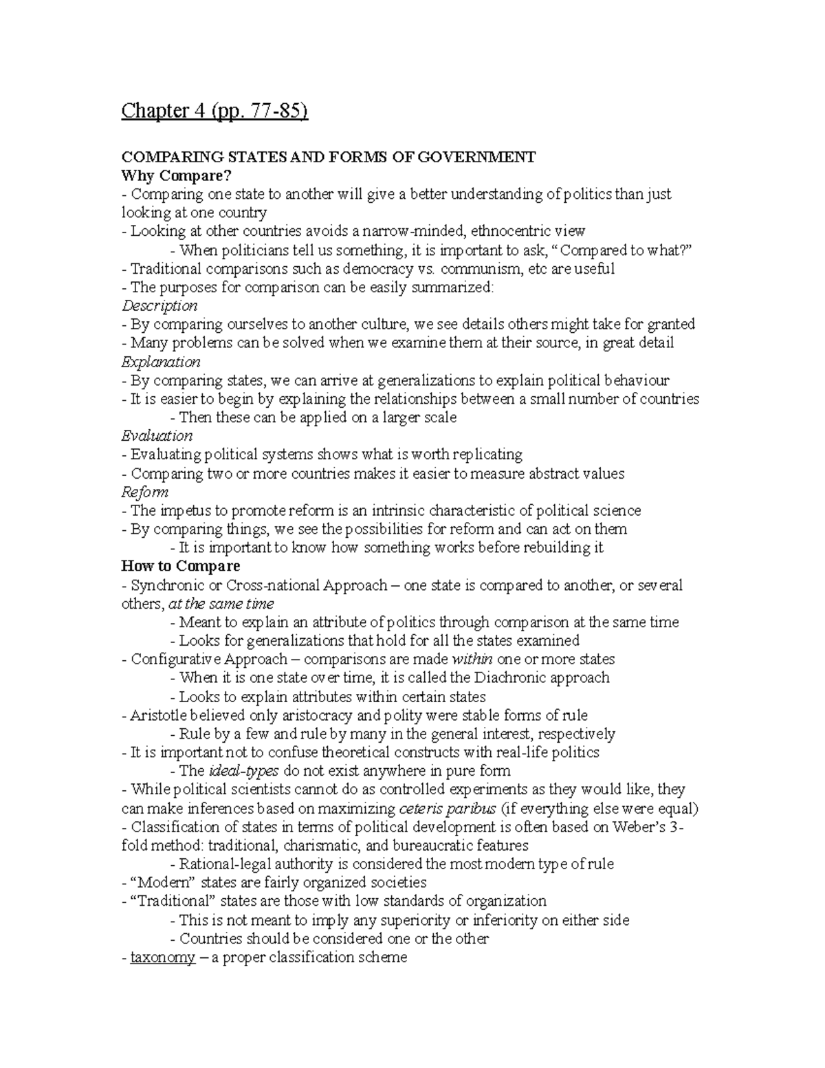 Pol 100 - chapter 4 lecture notes - Chapter 4 (pp. 77-85) COMPARING ...