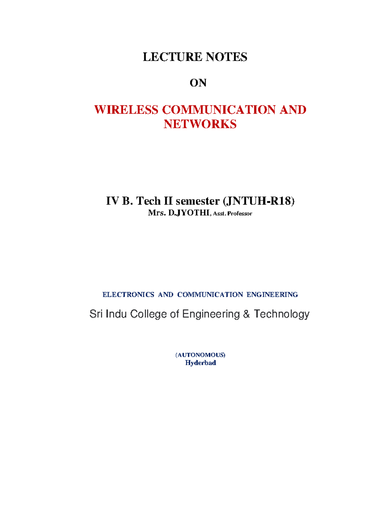 **Wireless Communication Networks Lecture Notes (IV B.Tech II Sem ...