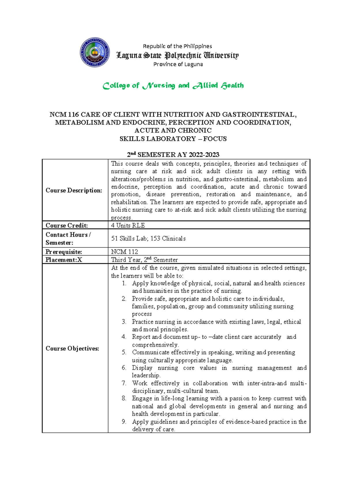 NCM 116 Clinical Focus: Care of Clients with Nutrition ...
