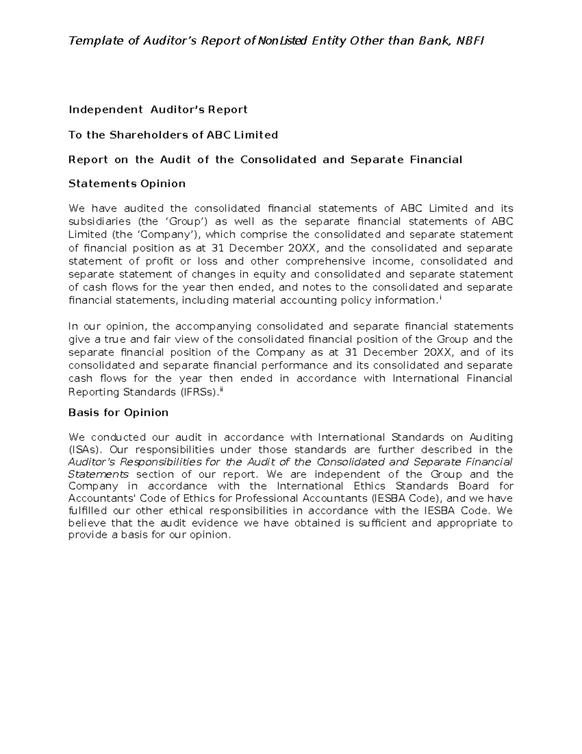 Template of Auditor's Report for Non-Listed Entities (NBFI & Insurance ...