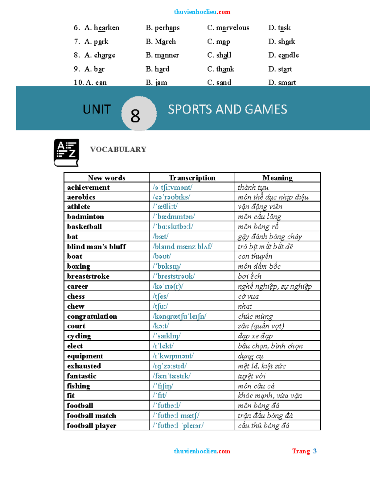 Unit 8: Sports and Games Vocabulary & Grammar Notes (ENG 101) - Studocu
