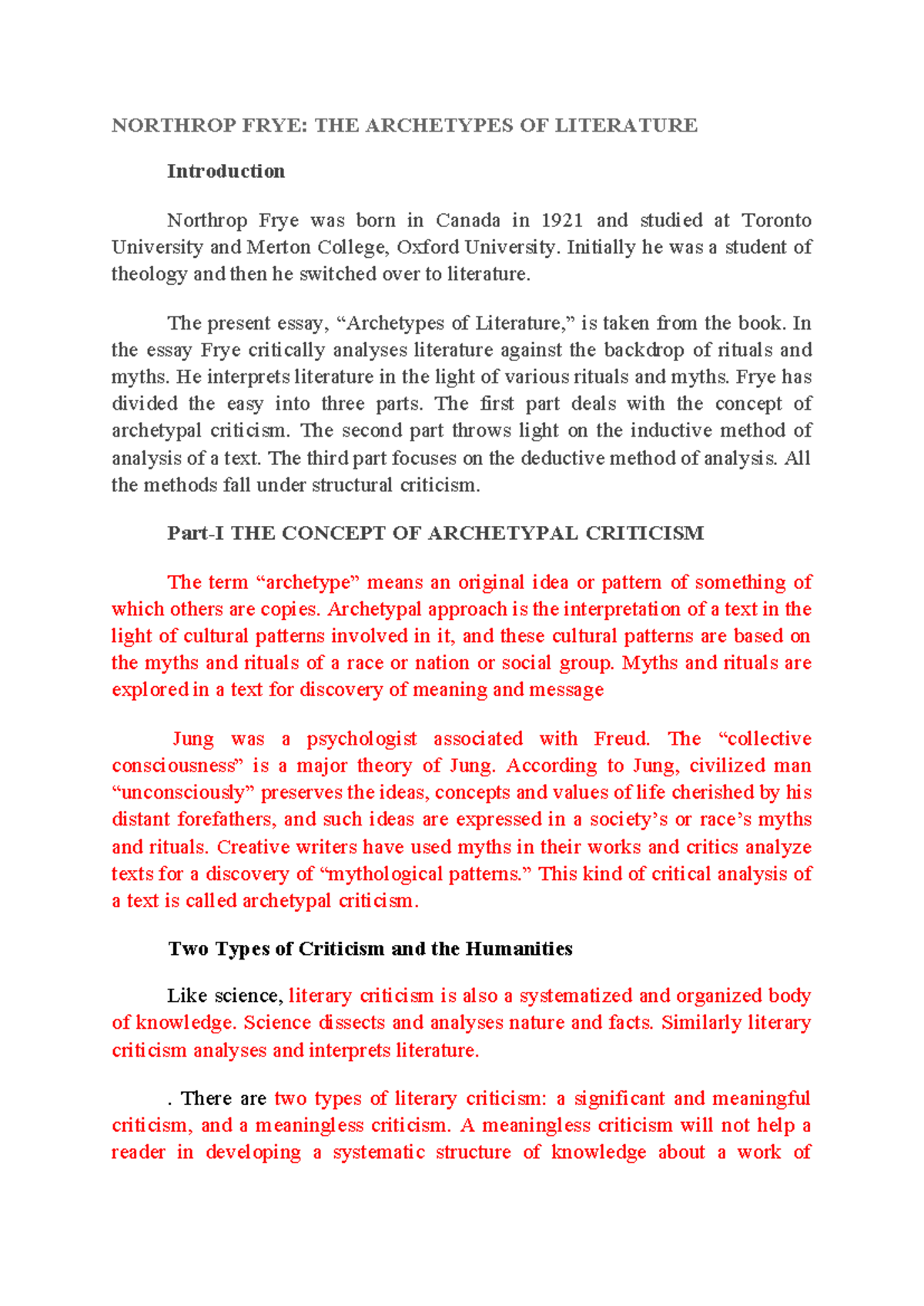 NORTHROP FRYE: ARCHETYPAL CRITICISM ESSAY NOTES - Studocu