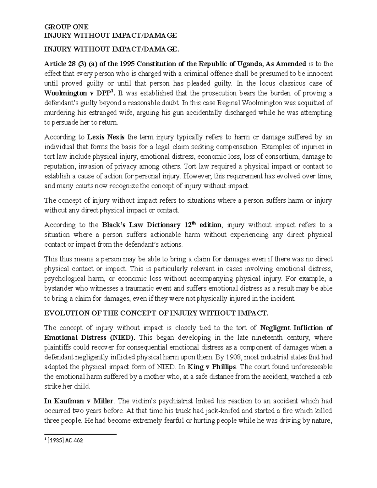 GROUP ONE INJURY WITHOUT IMPACT: Legal Perspectives and Case Studies ...