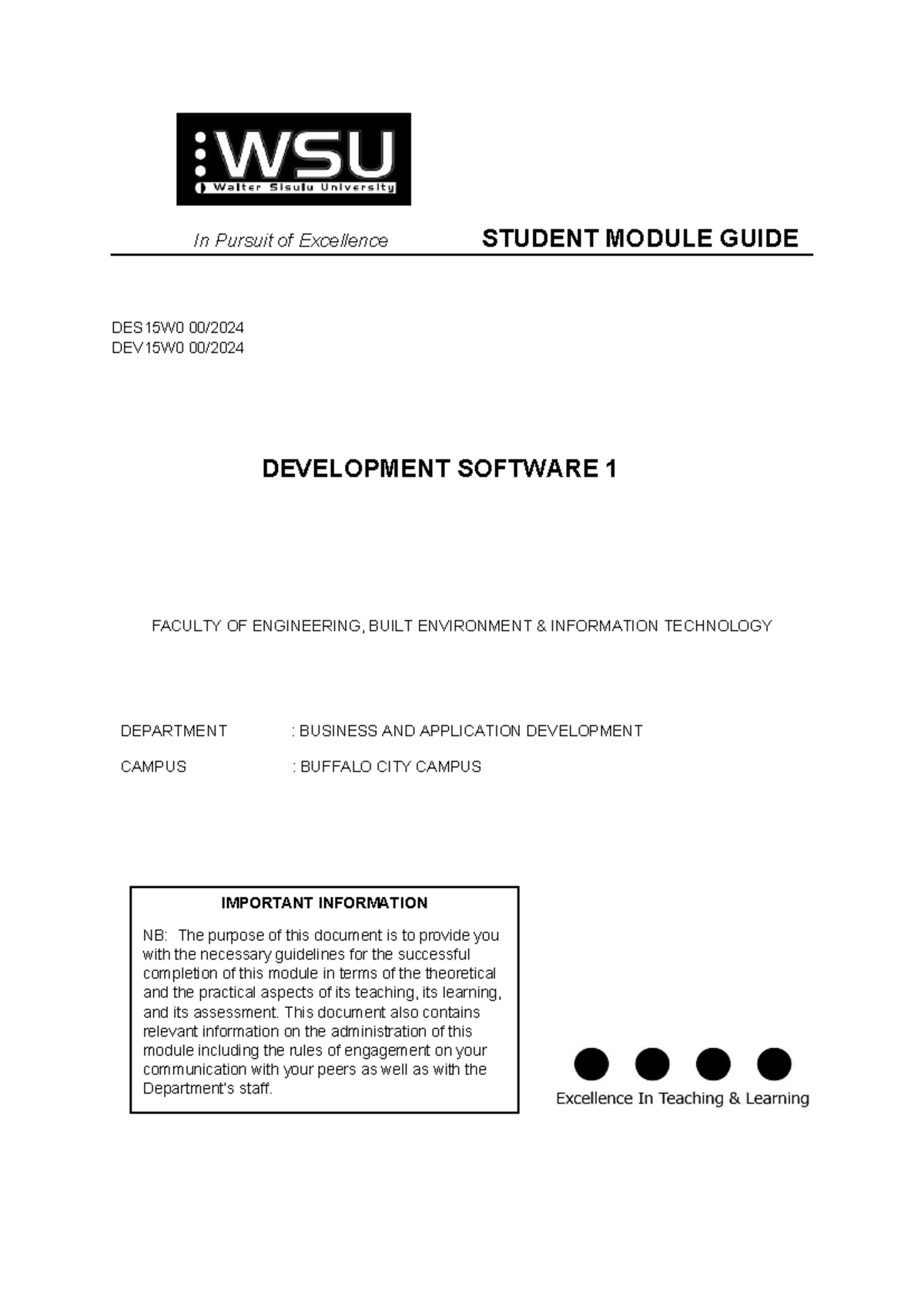 Development Software 1 Student Module Guide (DES15W0 / DEV15W0) - Studocu