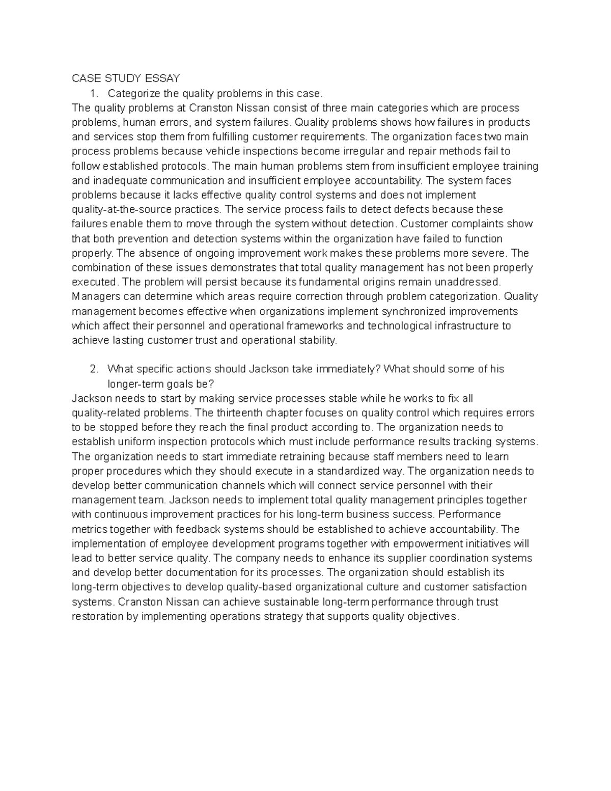 CH13 CASE STUDY: Quality Problems & Solutions at Cranston Nissan - Studocu