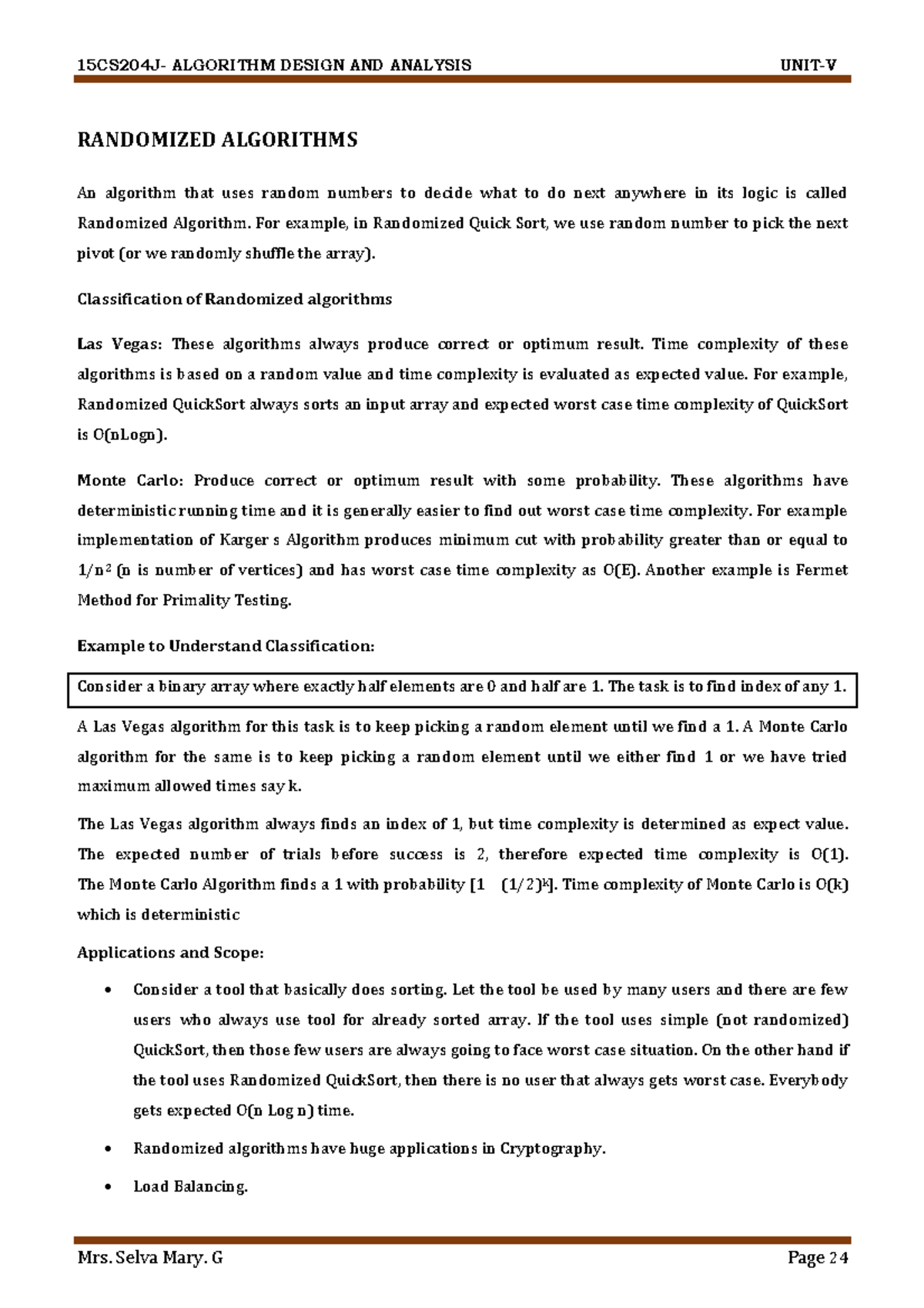 Unit 5 Lecture Notes Algorithm Design Analysis Of Randomized