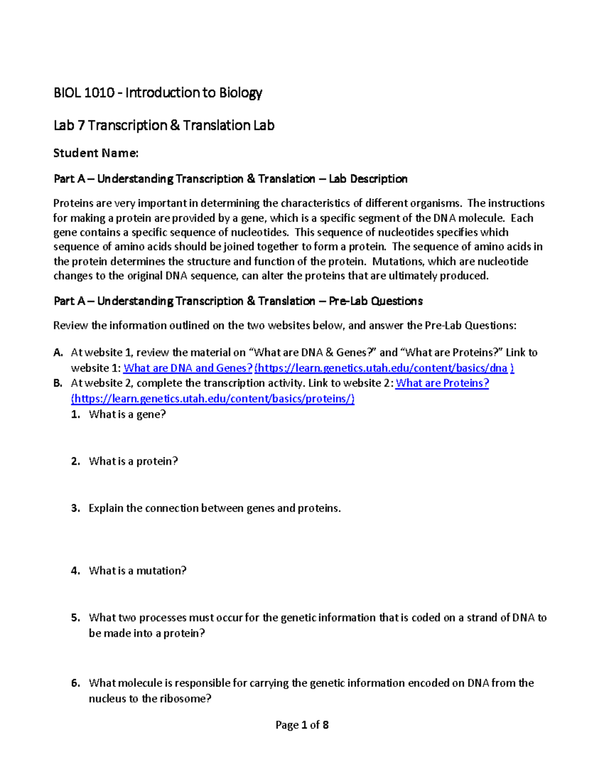 7 BIOL 1010 Transcription and Translation for Students to Print - BIOL ...