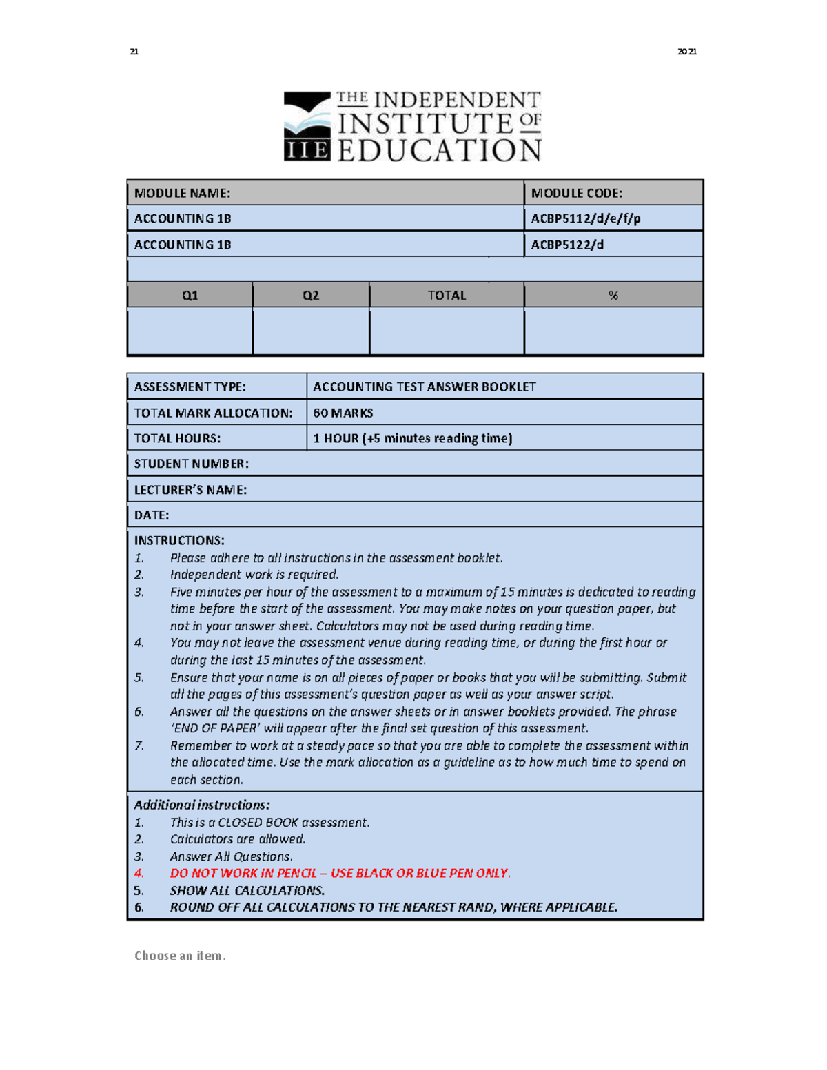 Accounting 1B Test Answer Booklet - 2021 (60 Marks) - Studocu