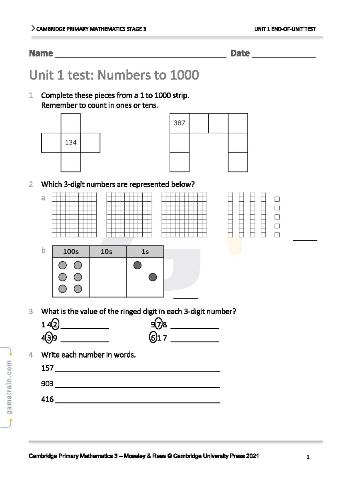 CAMBRIDGE PRIMARY MATHEMATICS STAGE 3 UNIT 1 TEST - Studocu