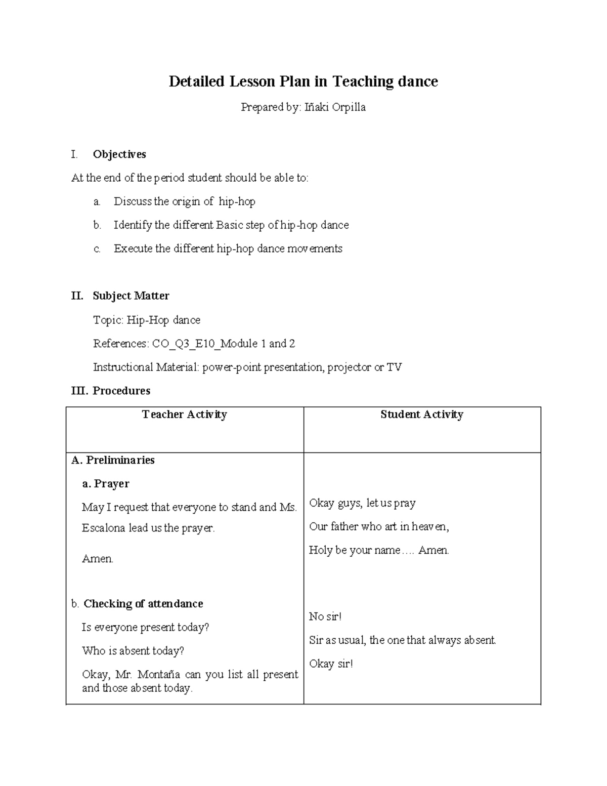 Detailed Lesson Plan: Hip-Hop Dance - Teaching Dance-1 - Studocu