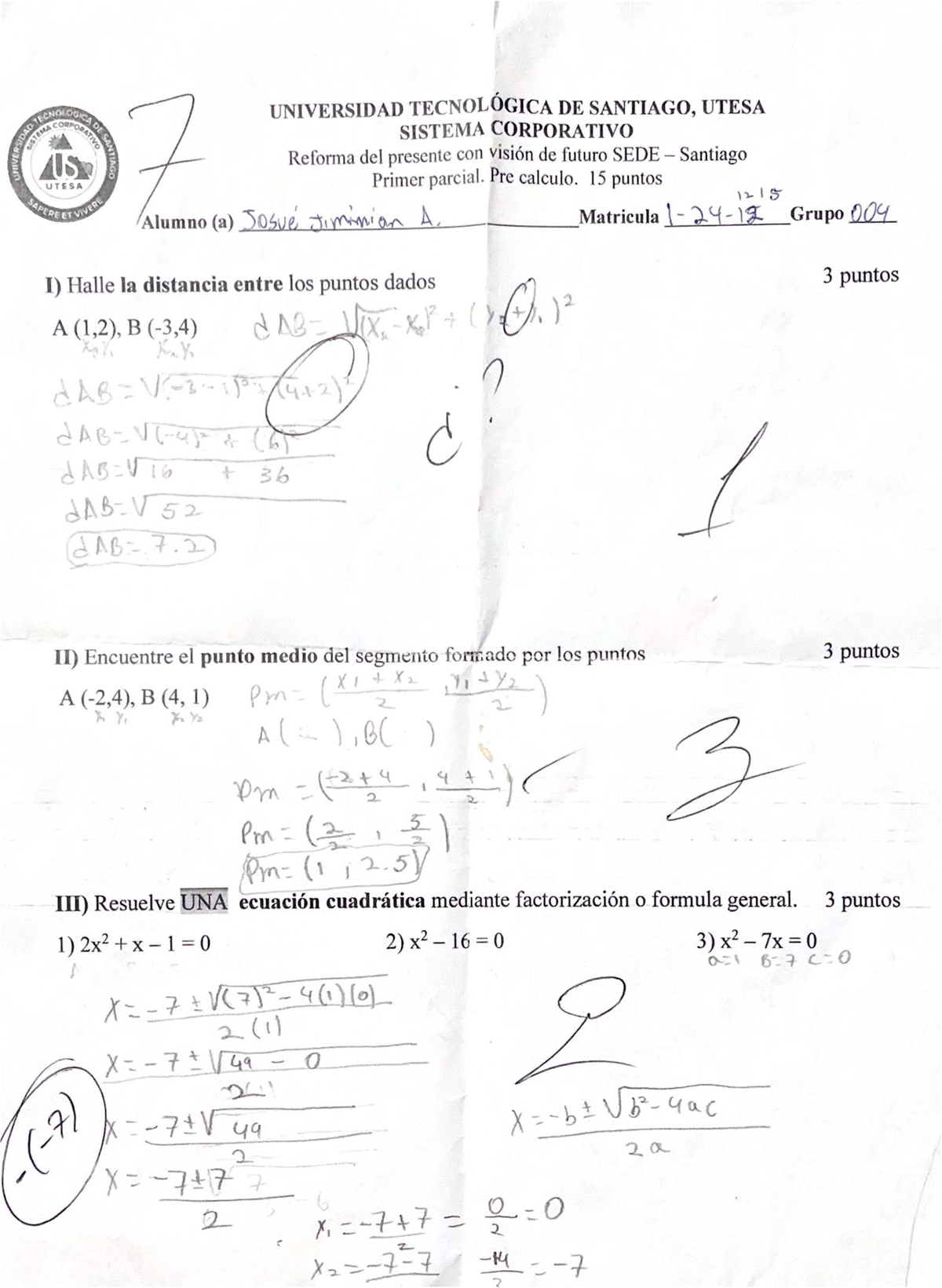1er Parcial de Pre Cálculo - Grupo 004 - UTESA - Studocu