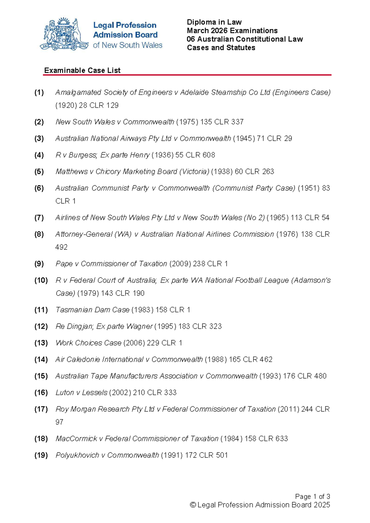 06 Australian Constitutional Law Examinable Case List - March 2026 ...
