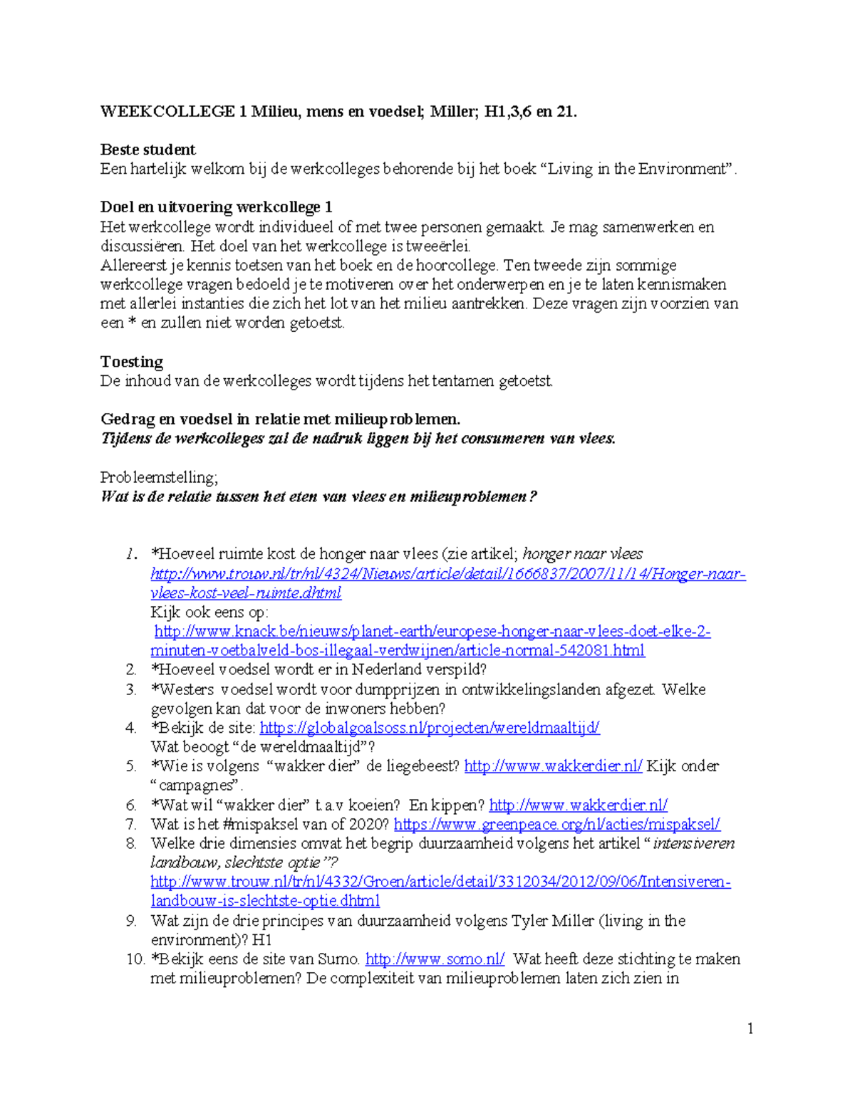 Werkcollege 1: Milieu, Mens en Duurzaamheid - H1,3,6,21 - Studeersnel