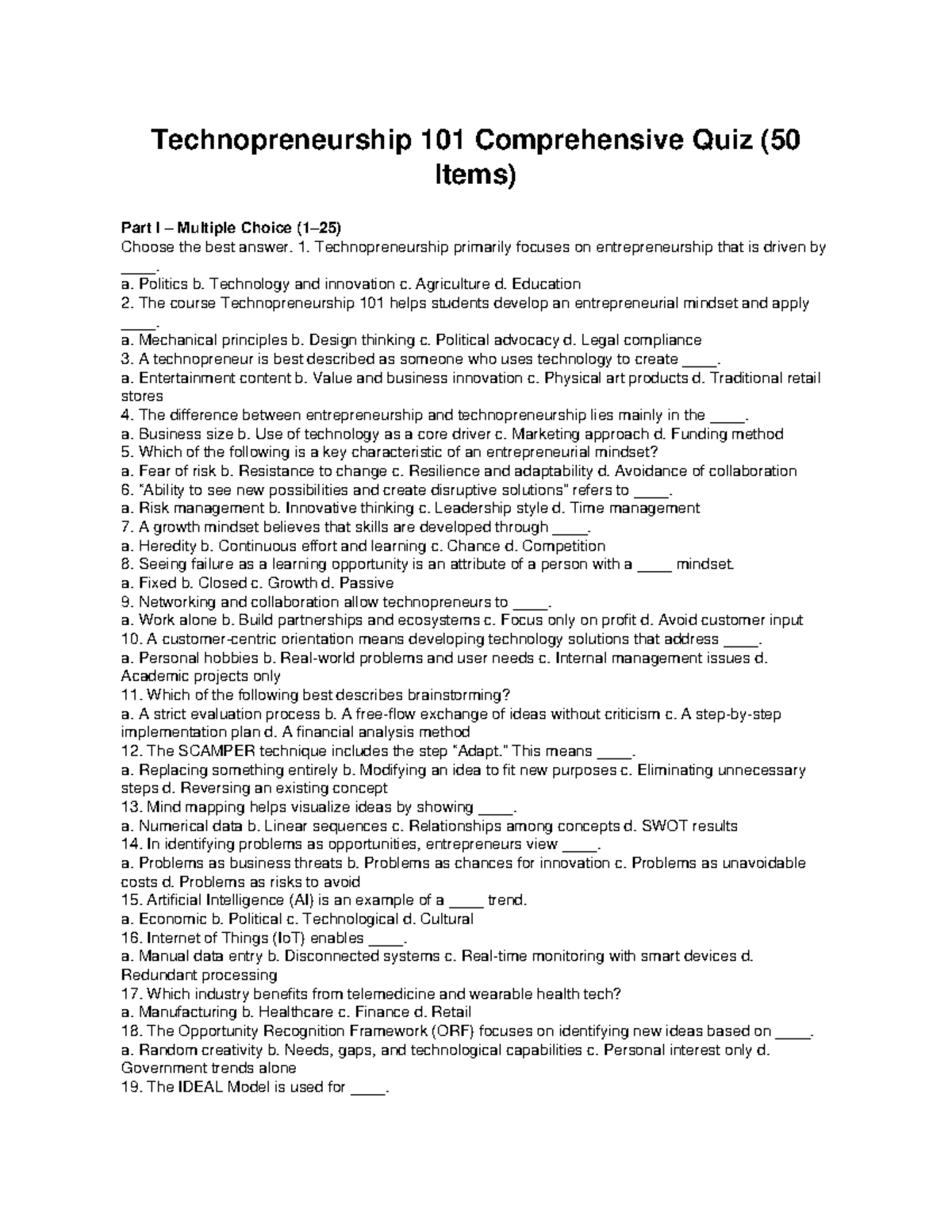 Technopreneurship 101 Comprehensive Quiz & Answer Key (50 Items) - Studocu