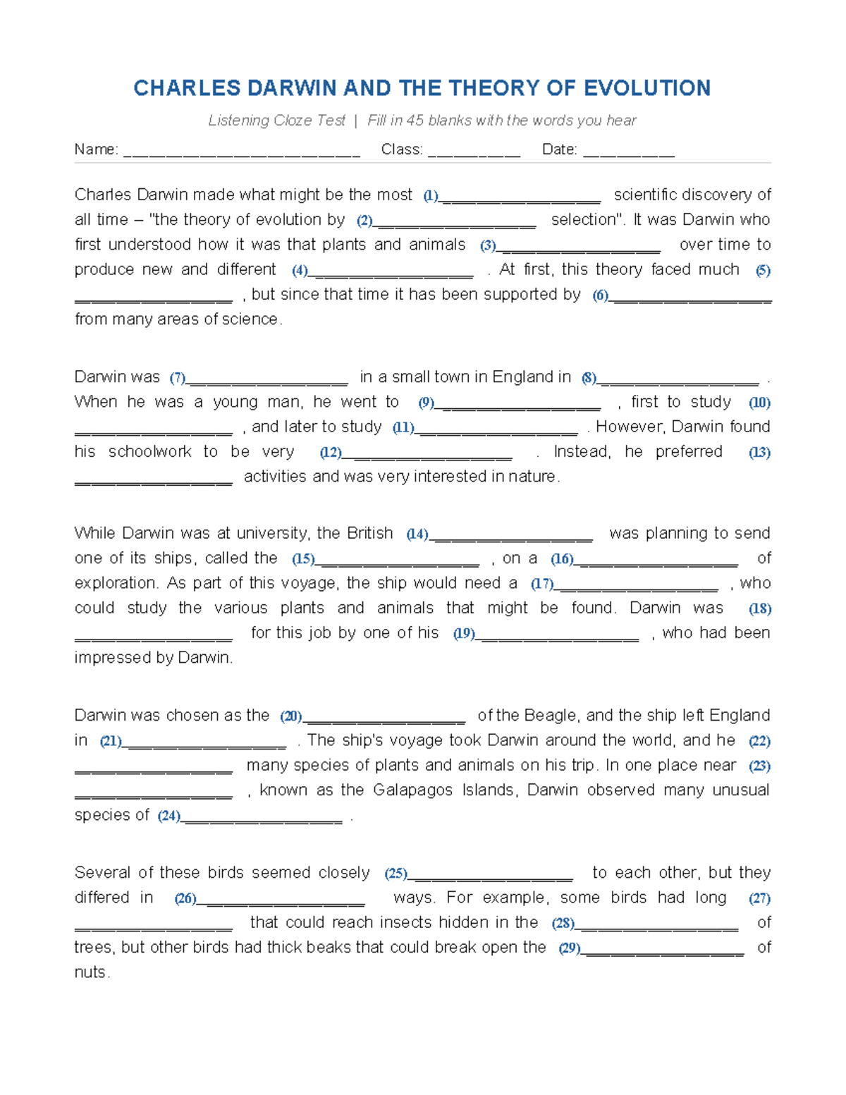 Darwin Cloze Test (BIO101) - Fill in the Blanks Exercise - Studocu
