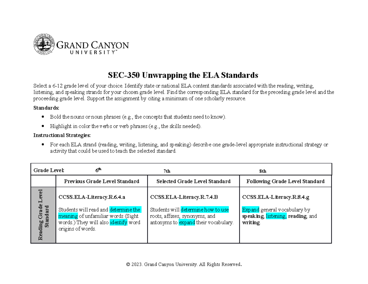 SEC-350 Lesson on ELA Standards for Grades 6-8 and Instructional ...