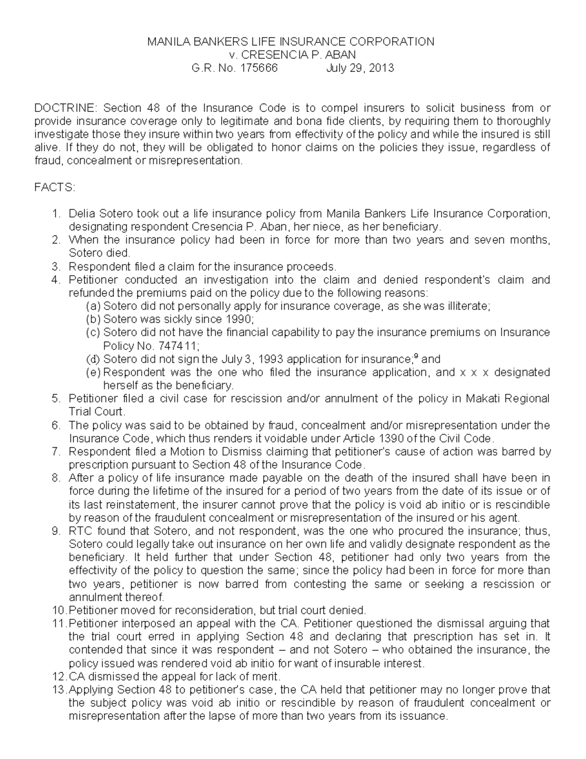 Manila Bankers Life Ins. Corp. v. Aban: Case Analysis on GR No. 175666 ...