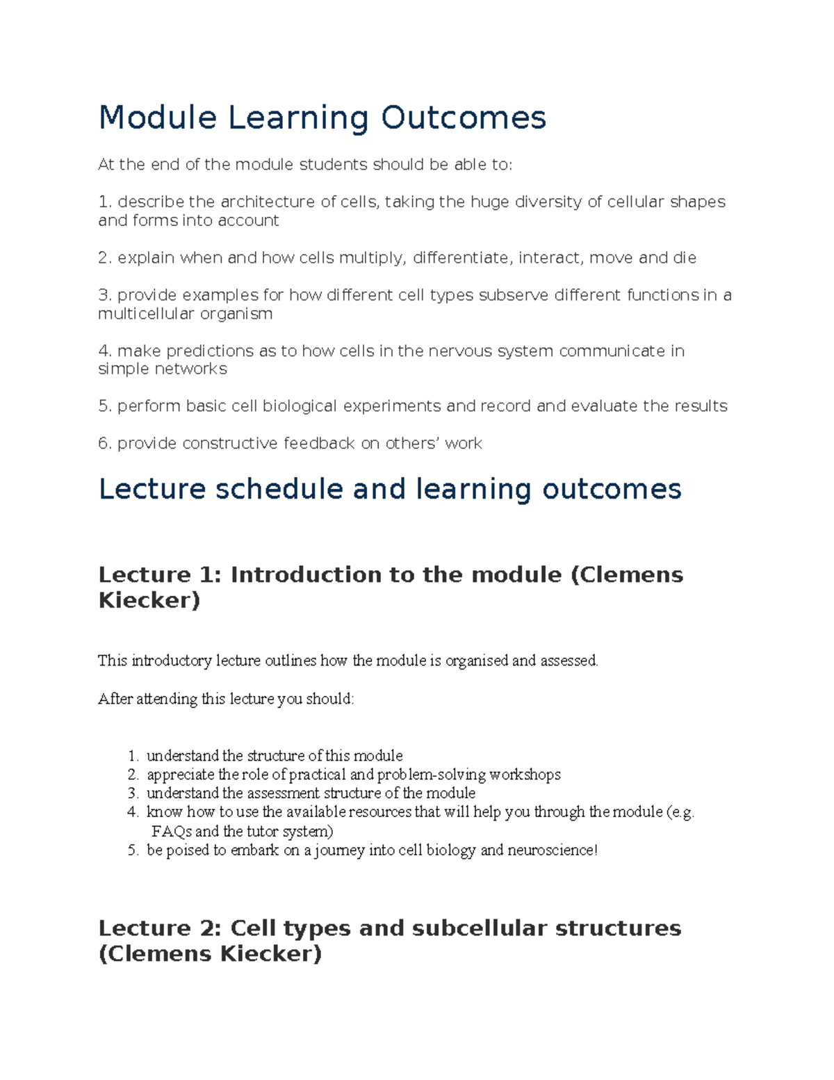 Cell Biology Module Learning Outcomes - Module Learning Outcomes At the ...