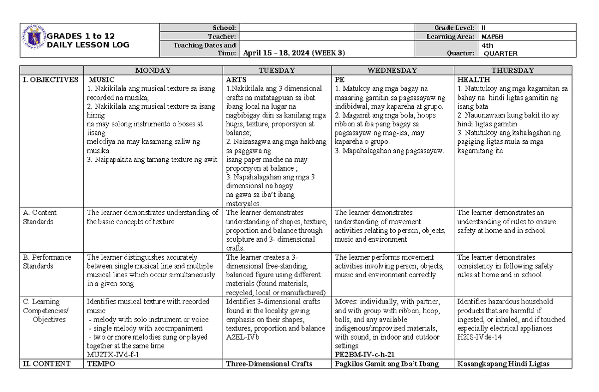 DLL MAPEH 2 Q4 W3: Daily Lesson Log for Grades 1-12 - Studocu