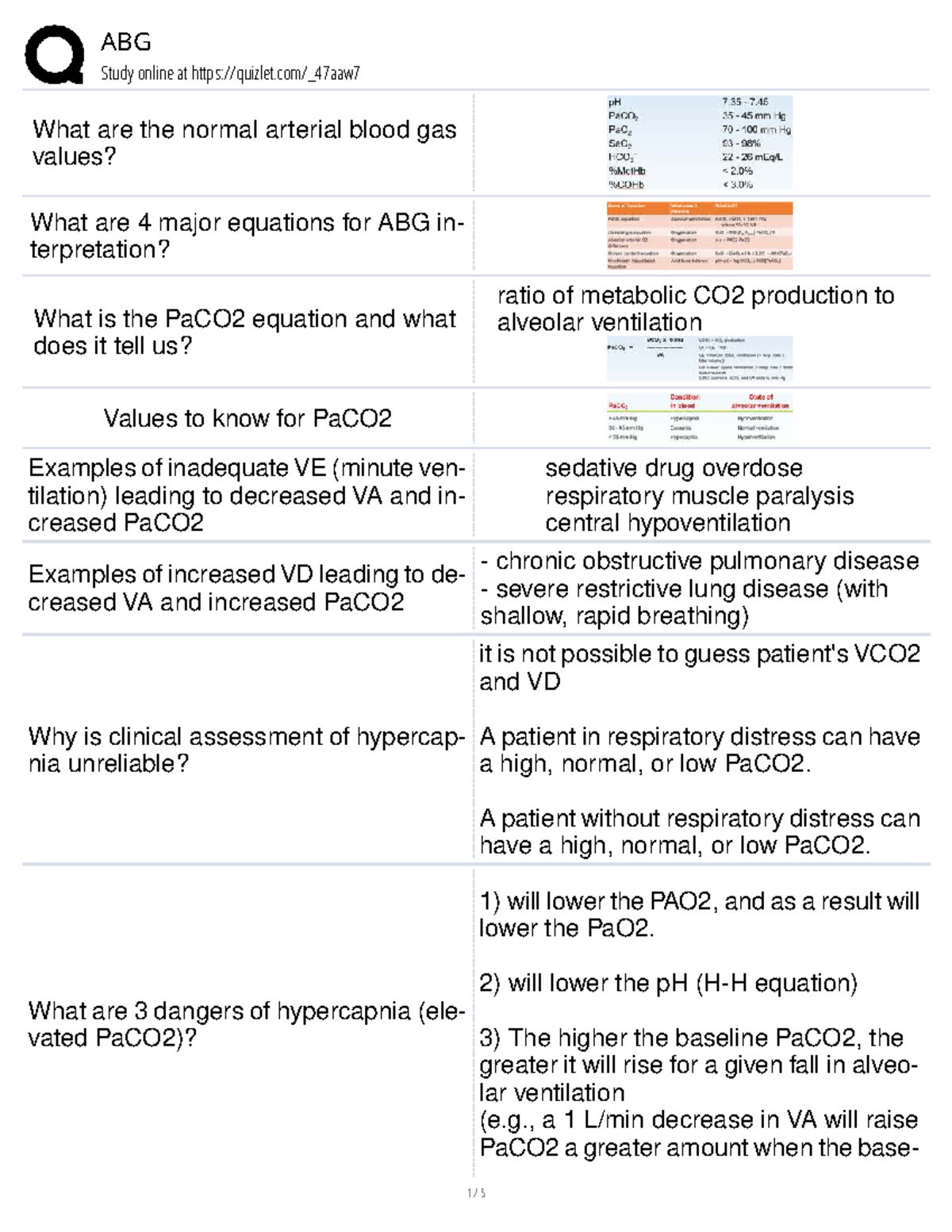ABG Study Guide: Normal Values & Interpretation Equations - Studocu
