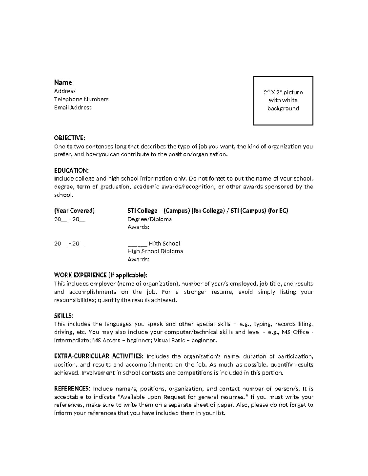 STI Standard Resume Template: Essential Structure Guide - Studocu