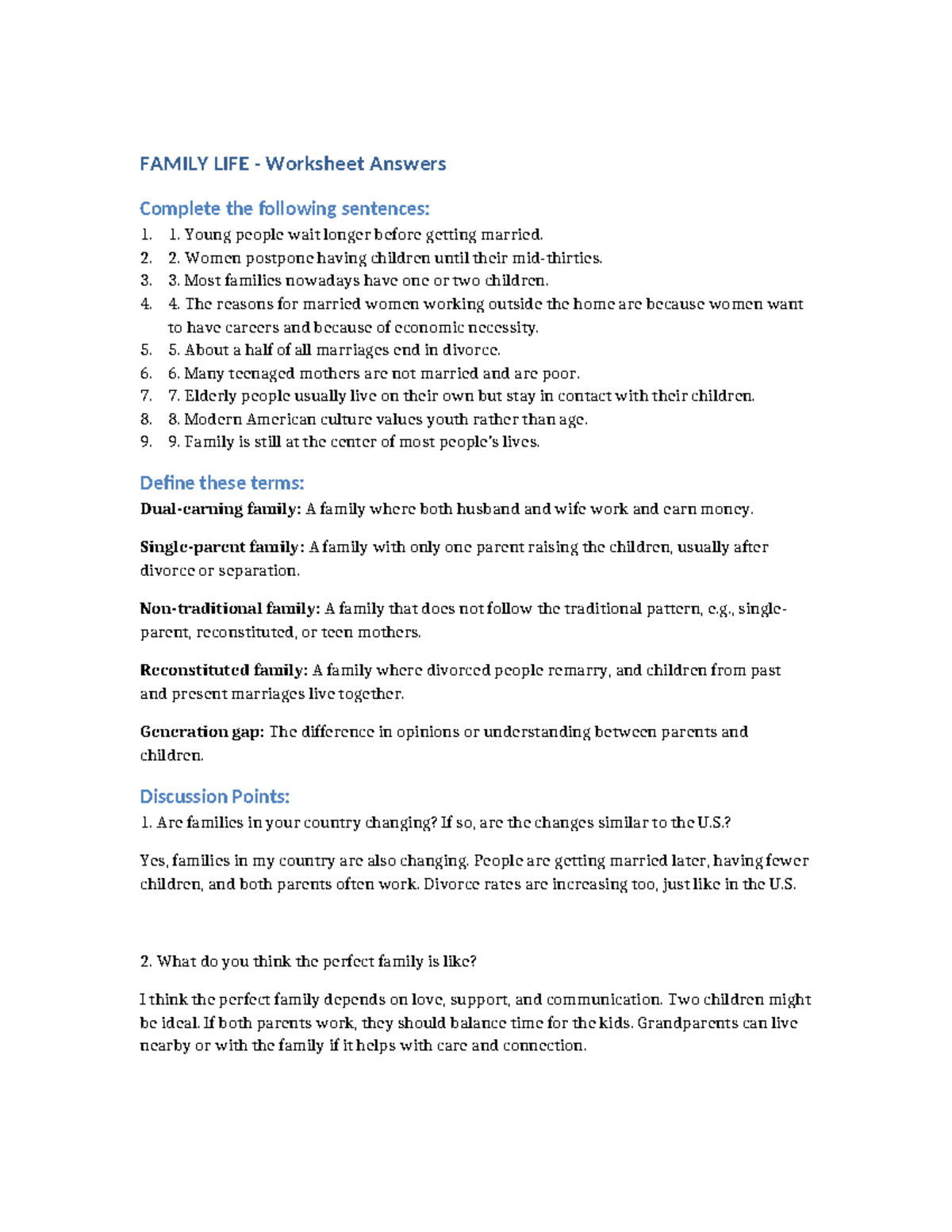FAMILY LIFE Worksheet Answers: Modern Family Dynamics Explained - Studocu